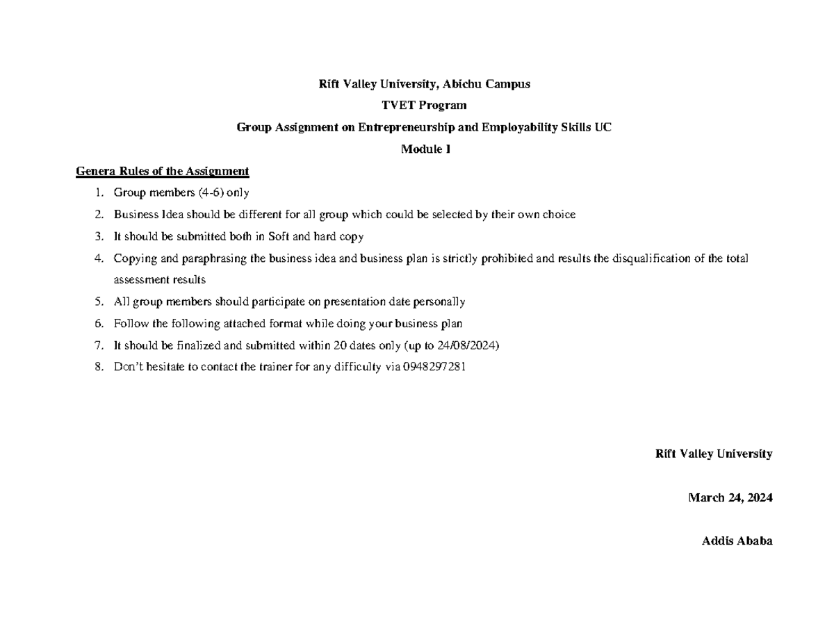Business plan assignment - Rift Valley University, Abichu Campus TVET Program Group Assignment ...
