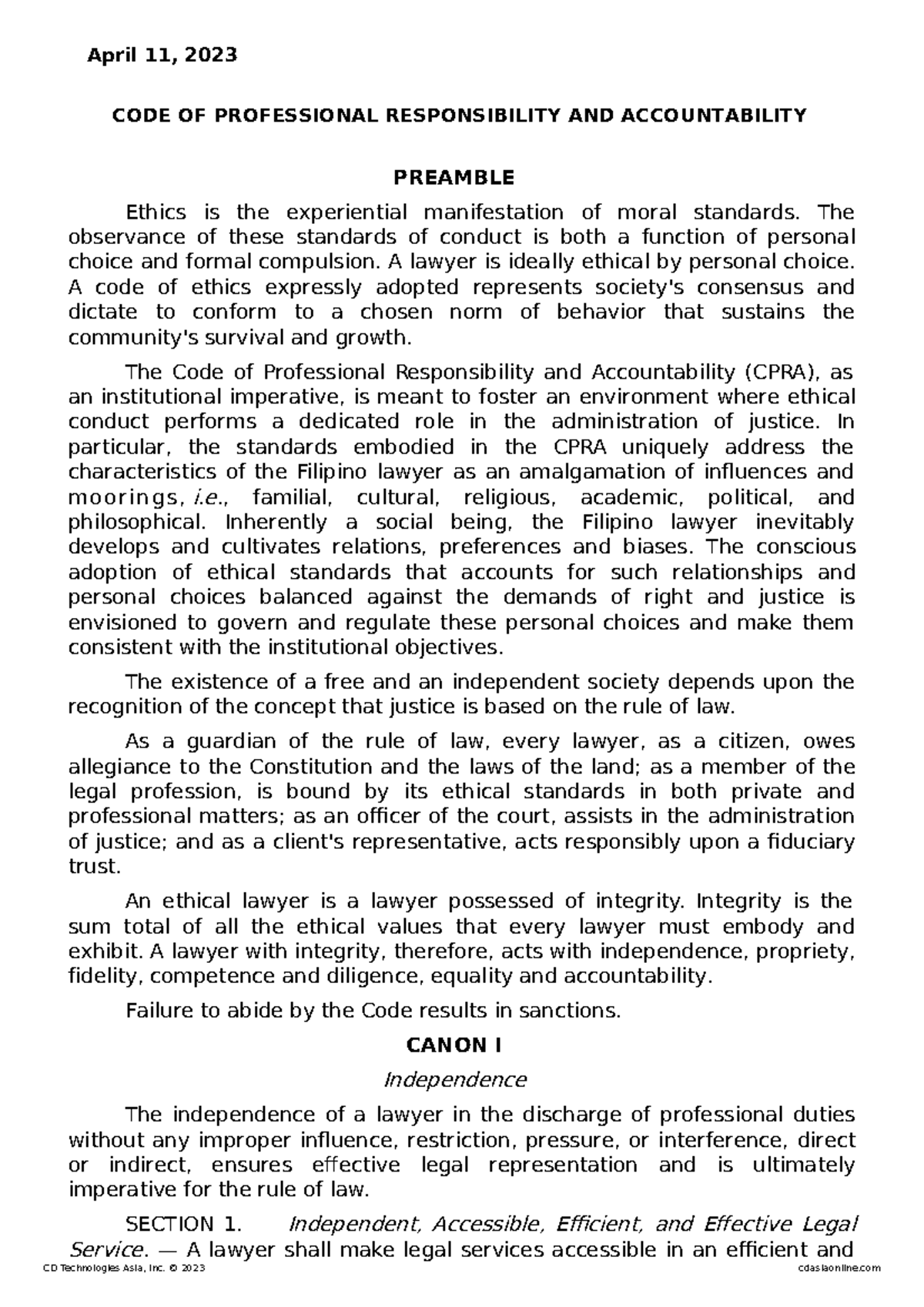 Code of Professional Responsibility and20230809-11-1cyl5yi - April 11 ...