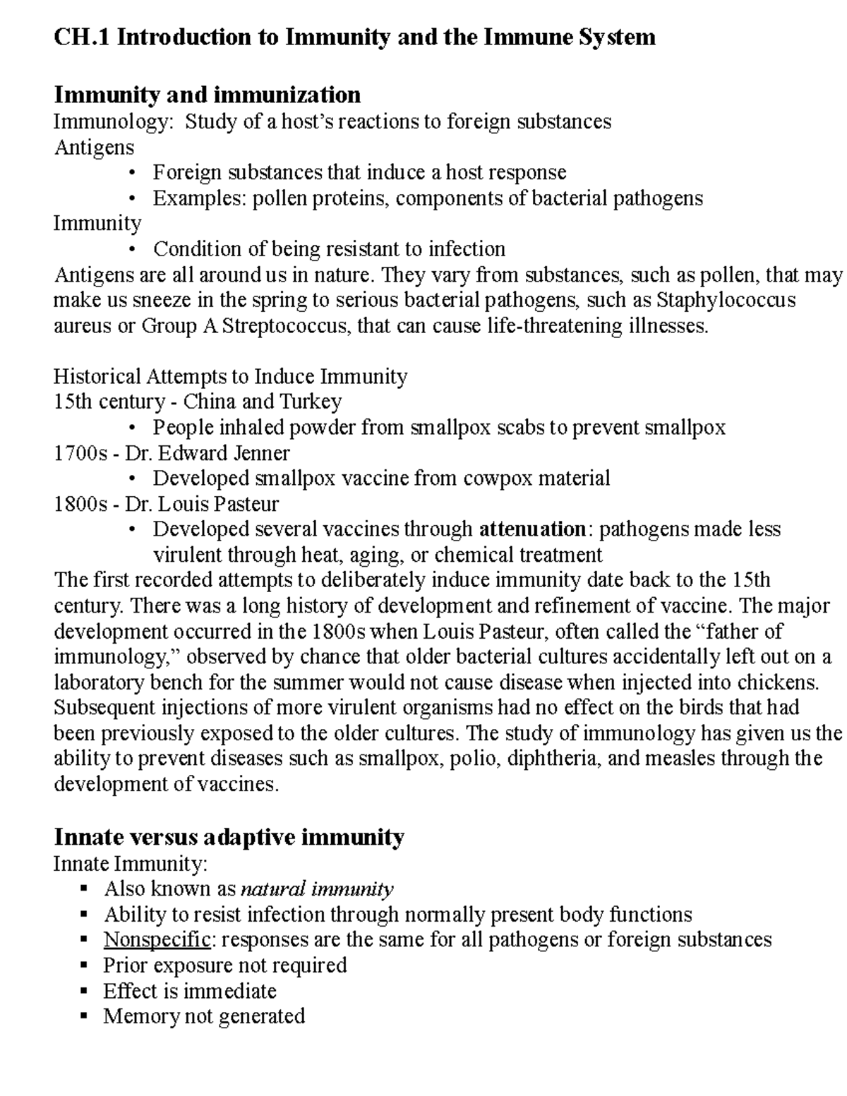 CH.1 immonology lecture copy - CH Introduction to Immunity and the ...