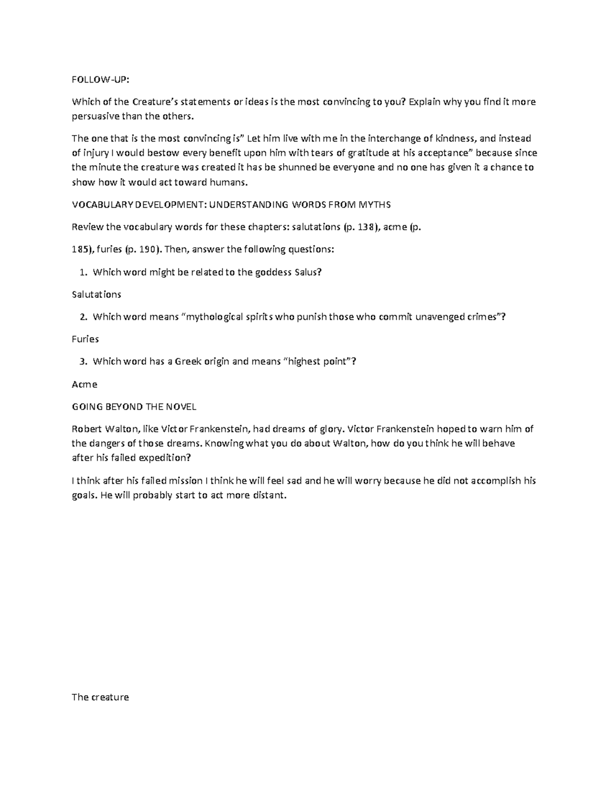 Frankenstein chapter 17-24 - FOLLOW-UP: Which of the Creature’s ...