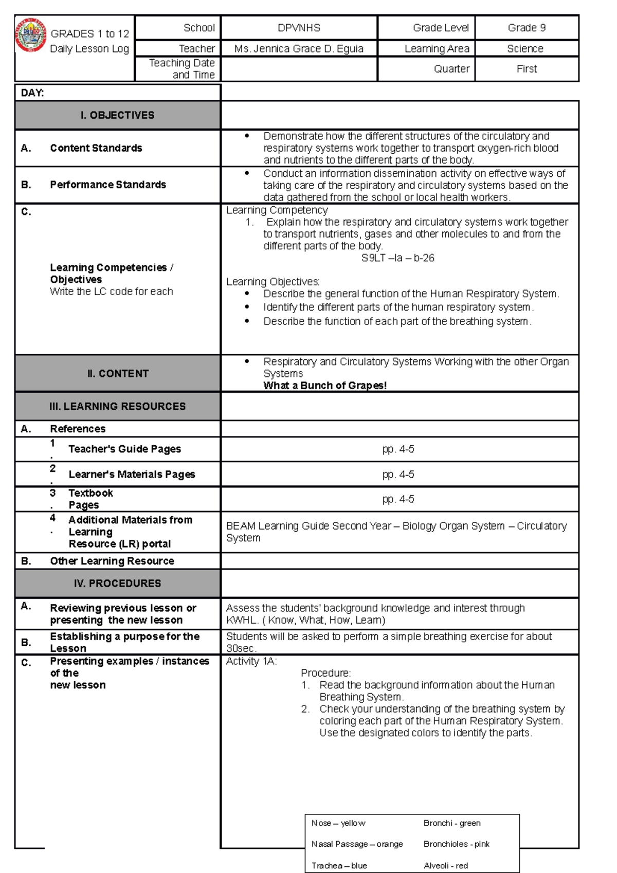 First-Quarter-G9 - dll - GRADES 1 to 12 School DPVNHS Grade Level Grade ...
