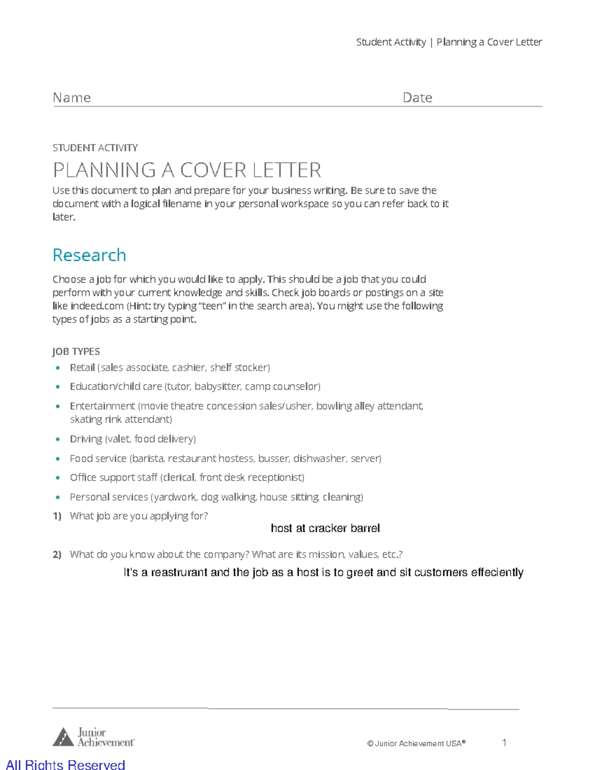 Planning a Cover Letter Activity-2 - ~ Junior IA. Achievement° Name ...