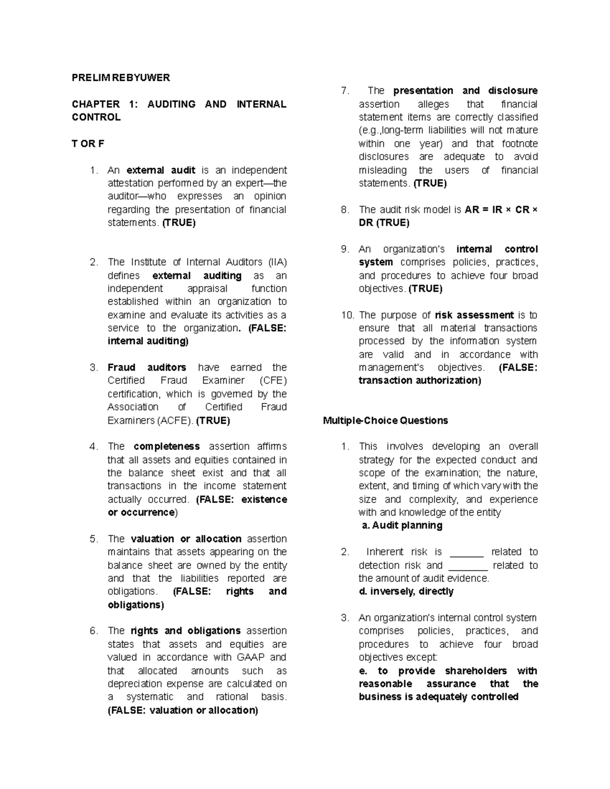 Prelim Rebyuwer- CIS-F - PRELIM REBYUWER CHAPTER 1: AUDITING AND INTERNAL CONTROL T OR F An ...