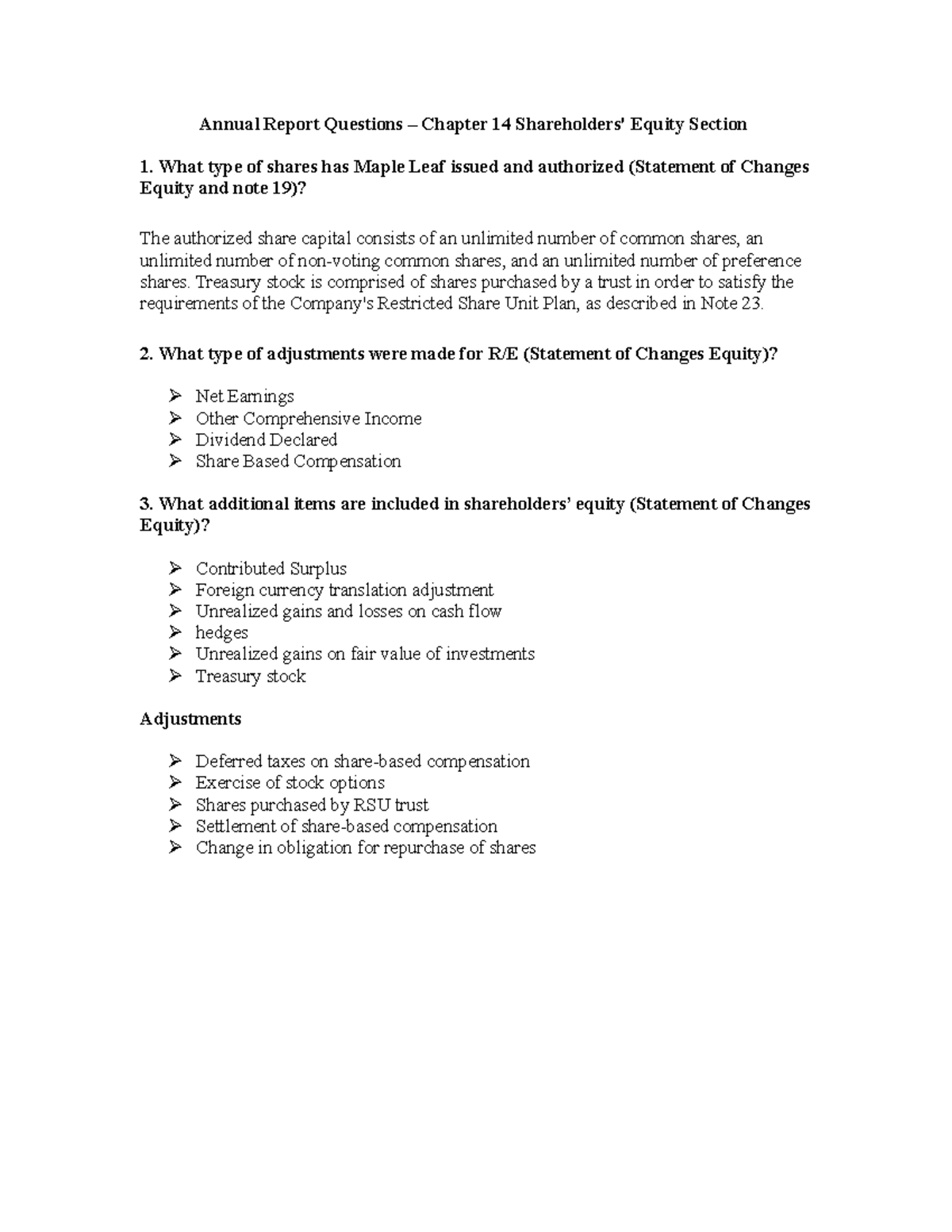 Annual Report Questions for Chapter 14 Shareholders Equity Hasnain ...