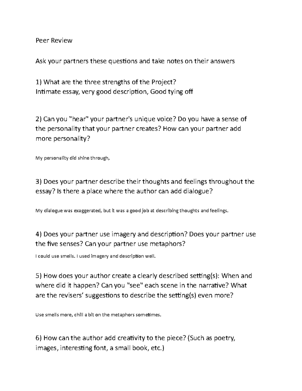 Document - First year english partner peer review answered - Peer ...