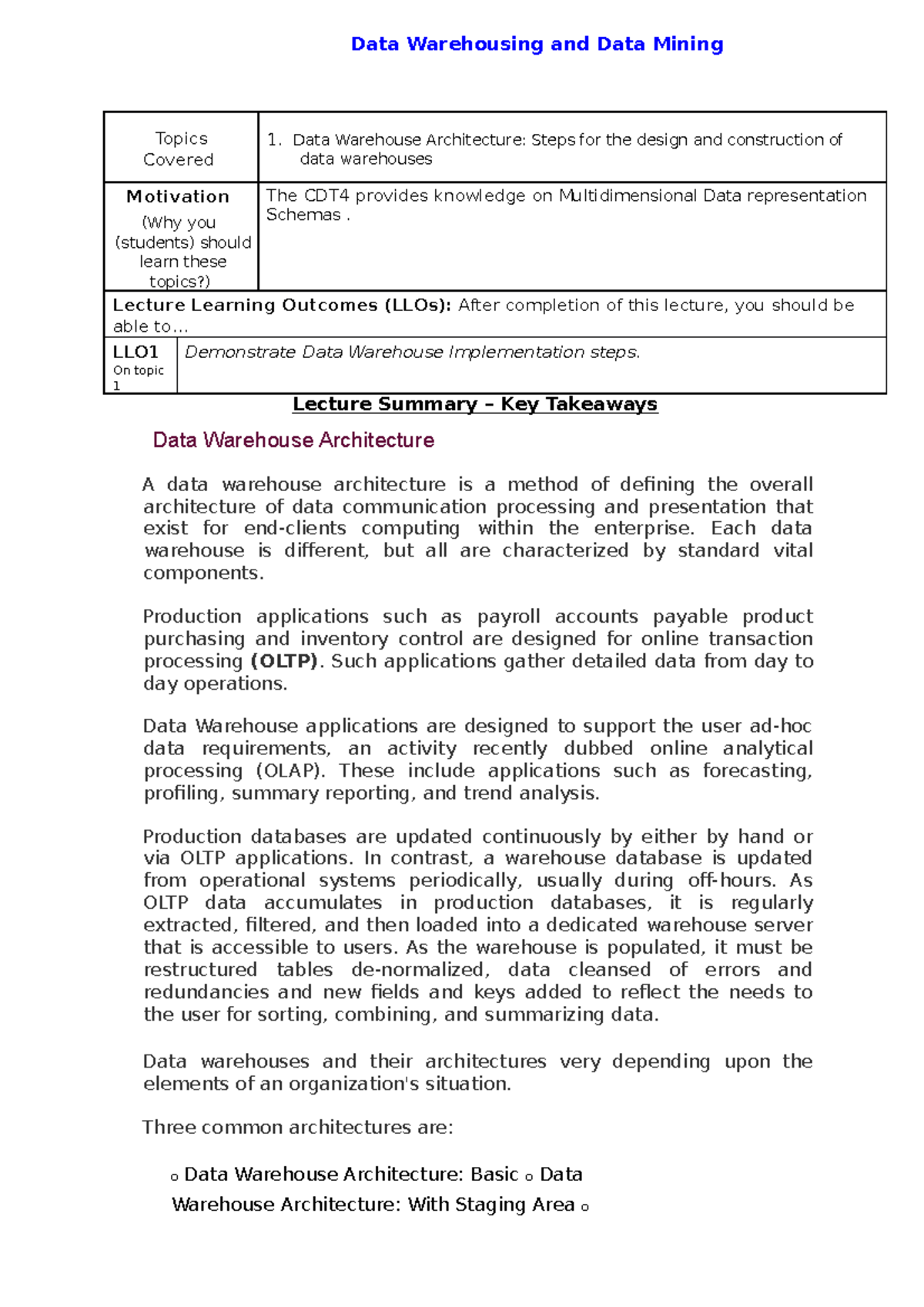 Steps for the design and construction of data warehouses - Topics ...