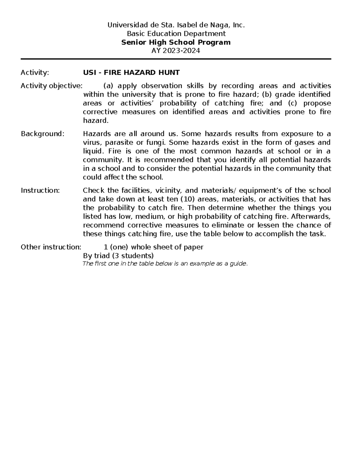 USI FIRE Hazard HUNT - Universidad de Sta. Isabel de Naga, Inc. Basic ...
