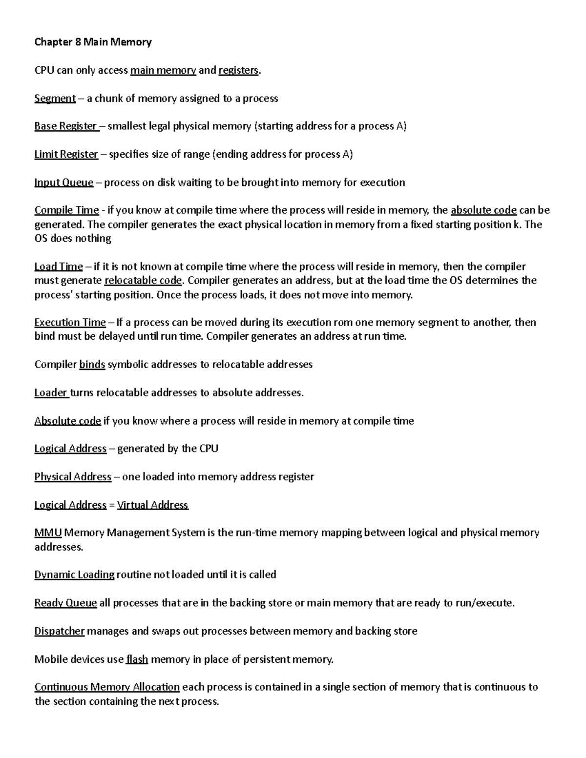 C191 - Notes - Chapter 8 Main Memory CPU can only access main memory ...
