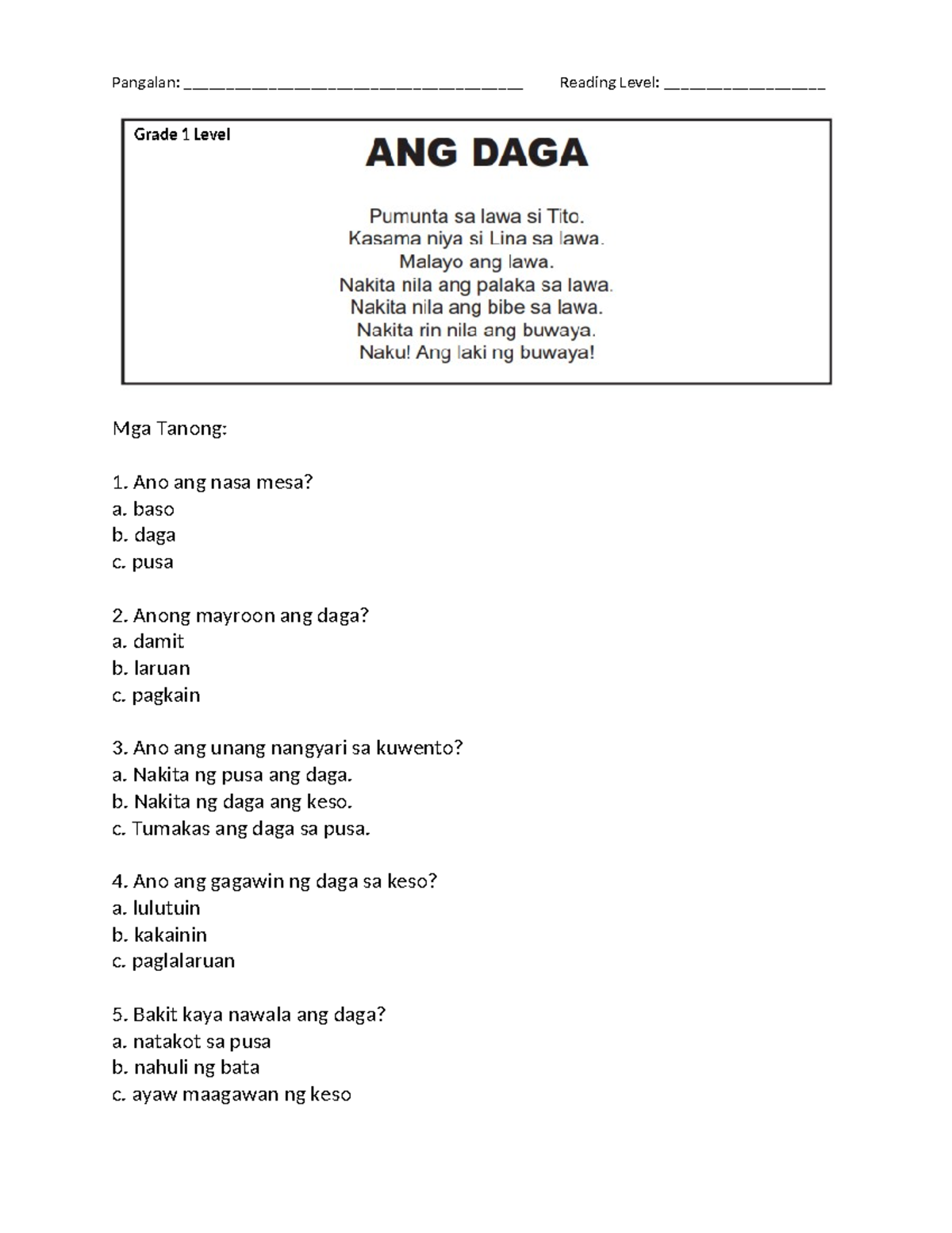 Stage 2 Graded Passage Fil - Mga Tanong: 1. Ano ang nasa mesa? a. baso ...
