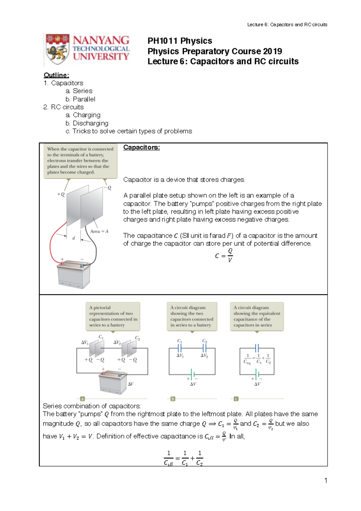 PPC Lecture 6 - Physics prep course - Outline: Capacitors a. Series b ...