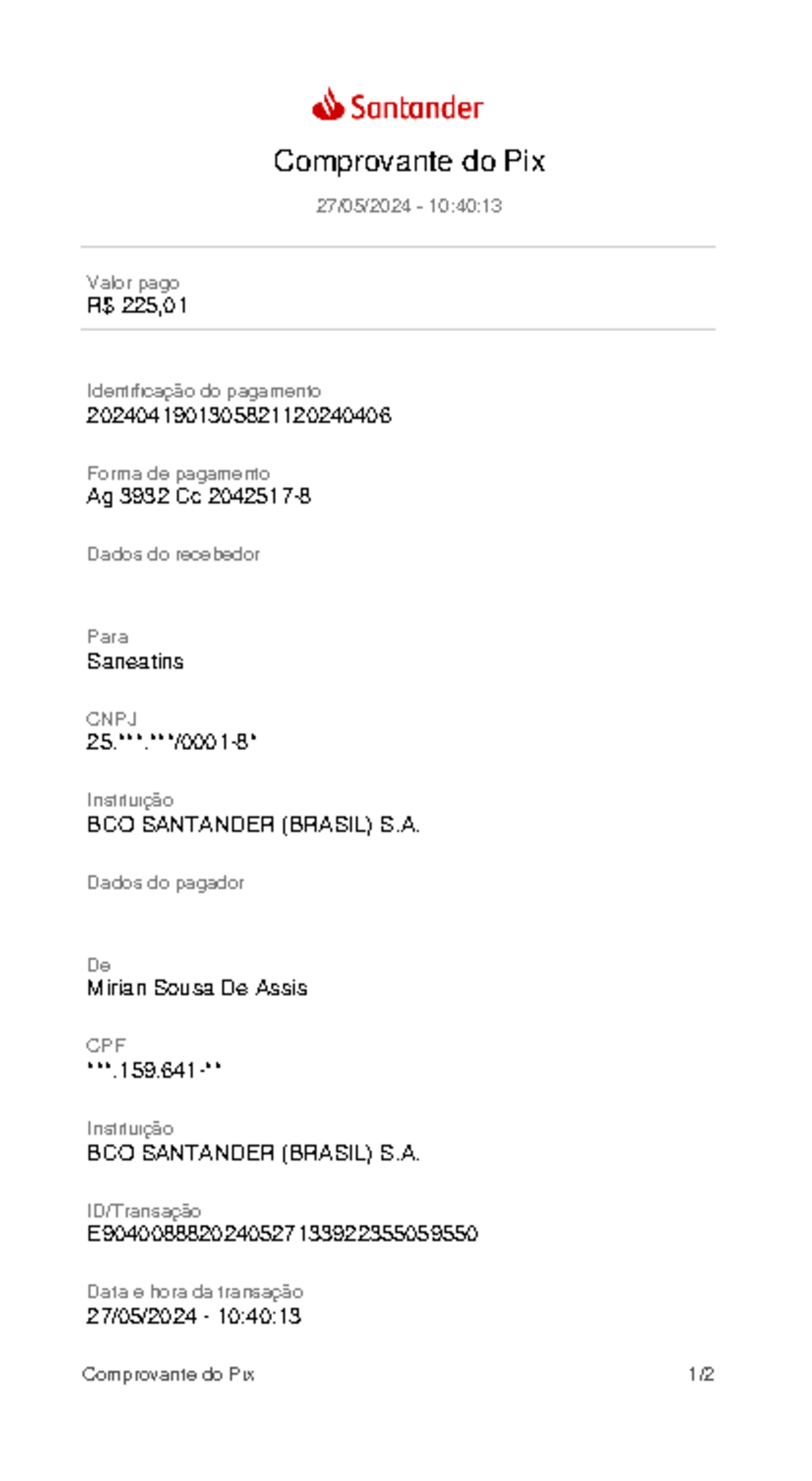 Comprovante Santander-1716817219 - Comprovante do Pix 27/05/2024 - 10:40: Valor pago R$ 225 ...