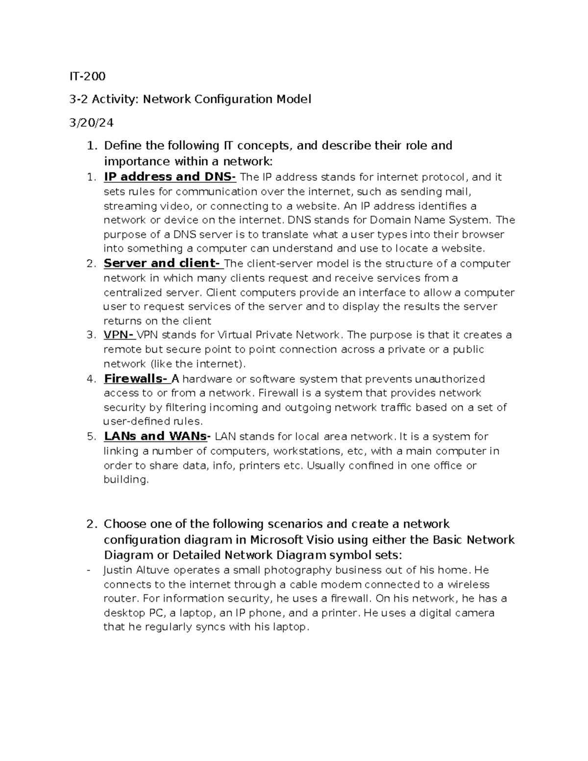 IT-200 - IT- 3-2 Activity: Network Configuration Model 3/20/ 1. Define ...