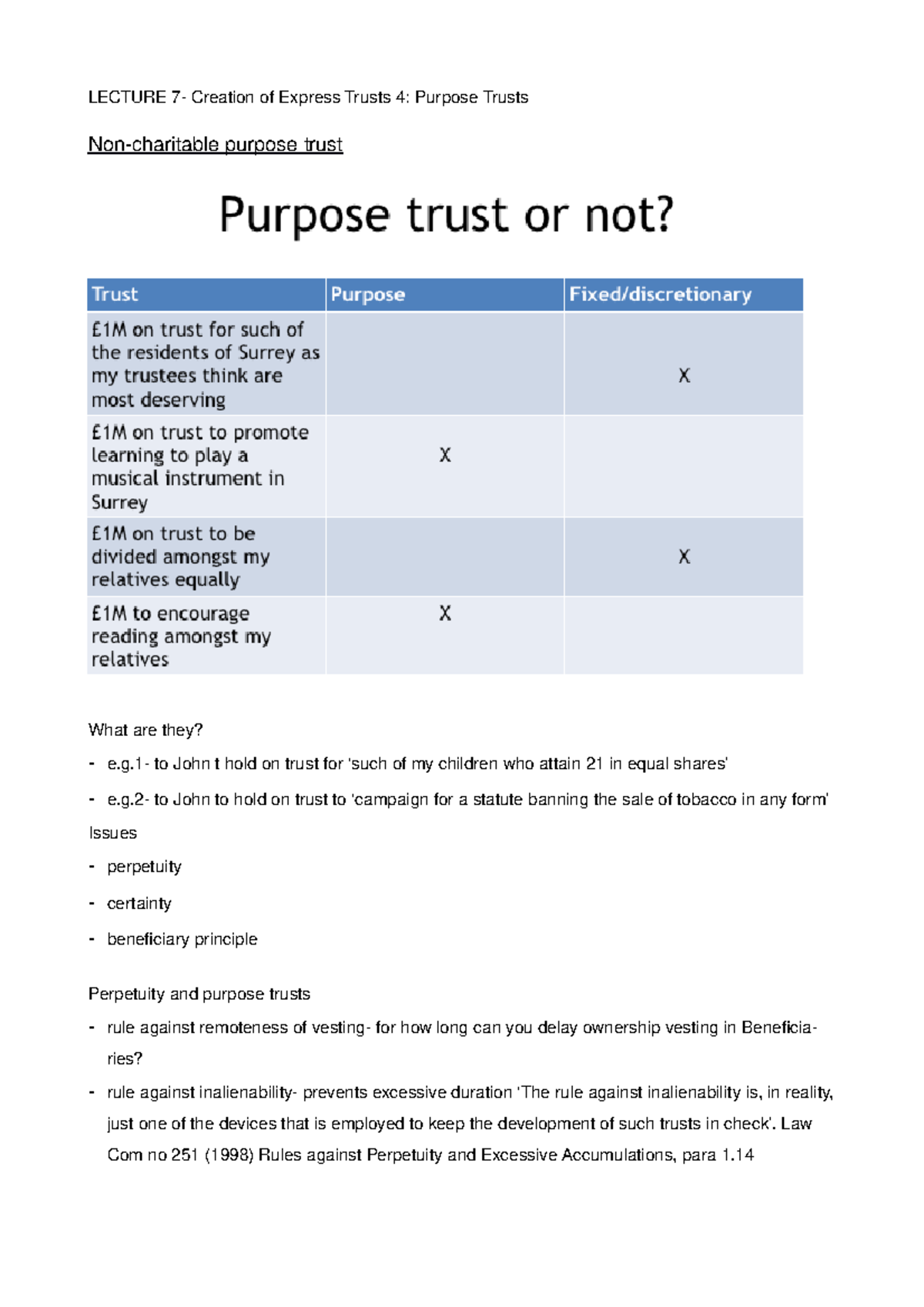 Lecture 7 - Creation of Express Trusts 4: Purpose Trusts - LECTURE 7 ...