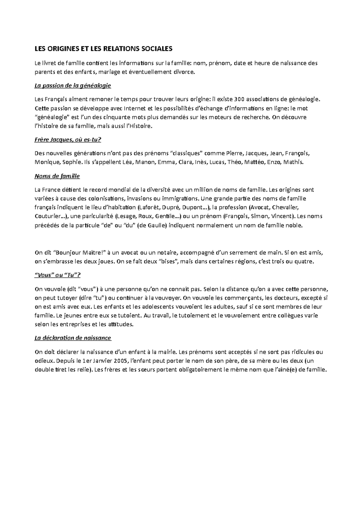 LES Origines ET LES Relations Sociales - LES ORIGINES ET LES RELATIONS ...