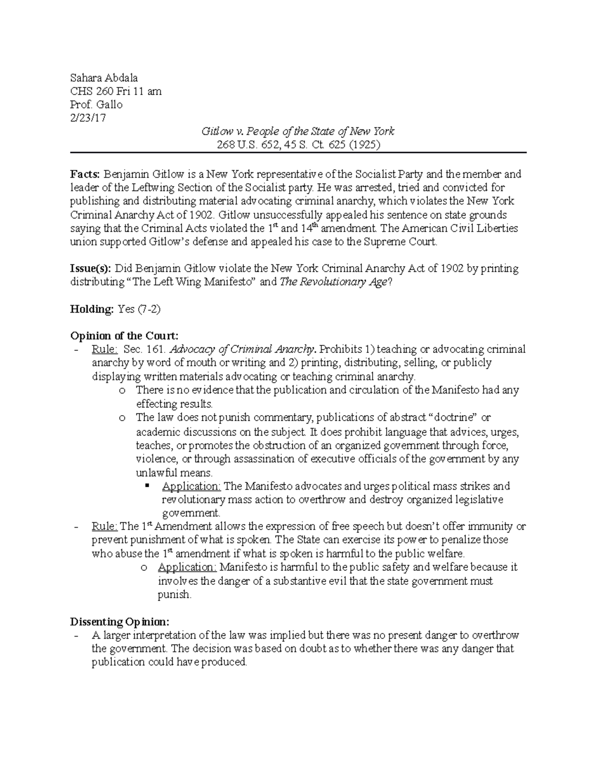 Gitlow v. People of the State of New York - Sahara Abdala CHS 260 Fri ...