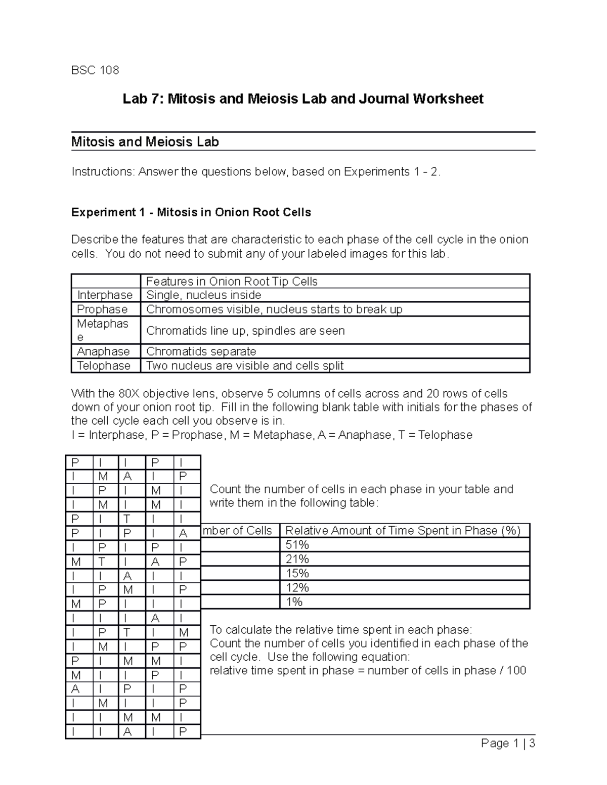 Lab 7 report bsc 108 - BSC 108 Lab 7: Mitosis and Meiosis Lab and ...