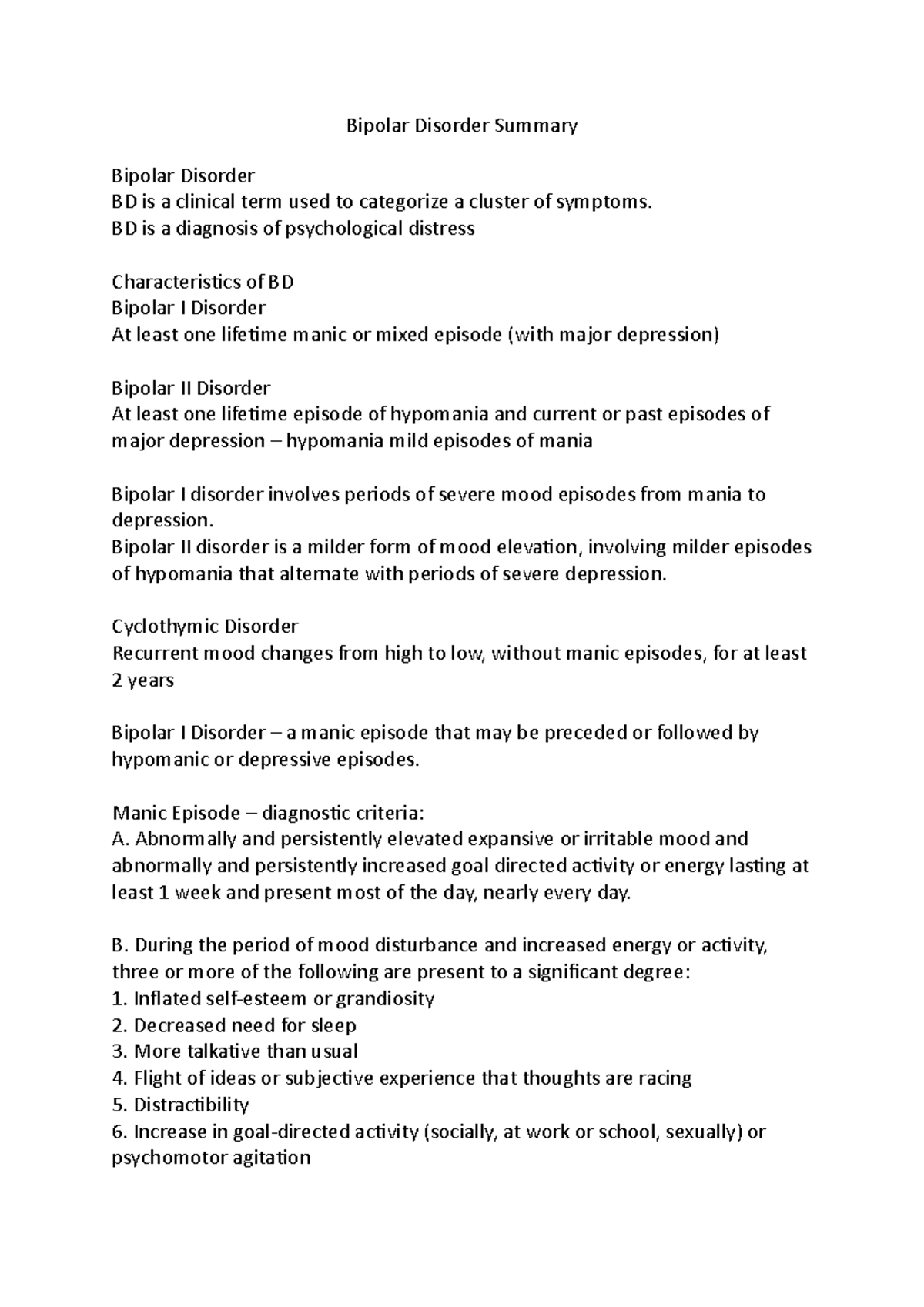 Bipolar Disorder Summary - Bipolar Disorder Summary Bipolar Disorder BD ...