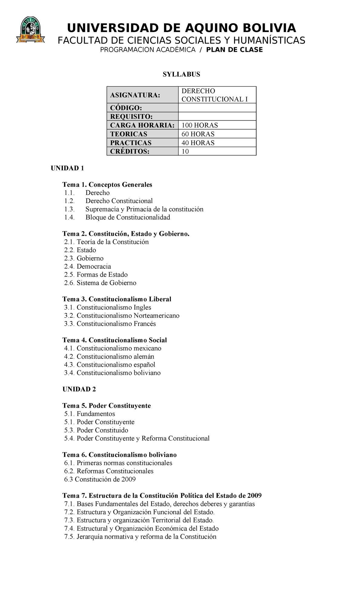 Derecho Constitucional I - UNIVERSIDAD DE AQUINO BOLIVIA FACULTAD DE ...