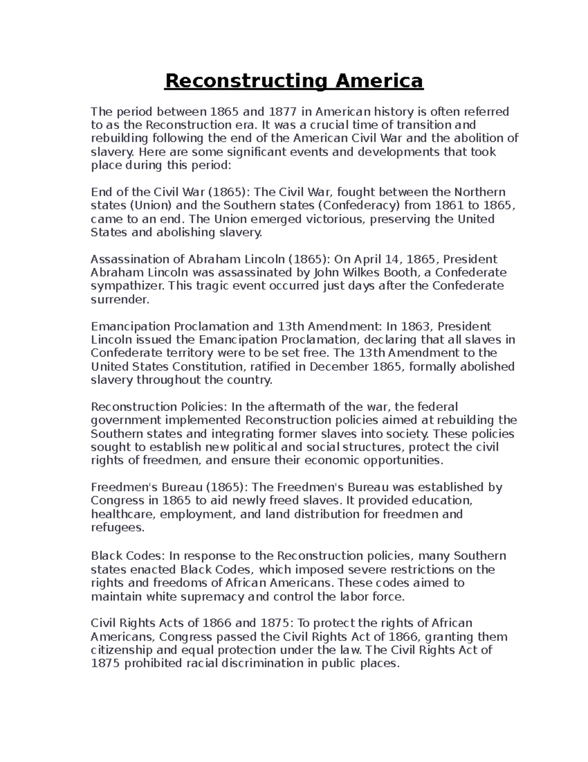 Reconstructing America - It was a crucial time of transition and ...