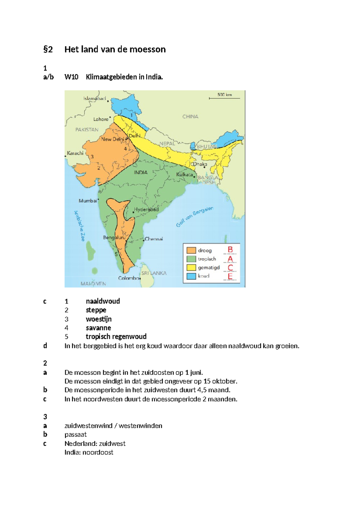 Antwoorden H5P2 - §2 Het land van de moesson 1 a/b W10 Klimaatgebieden ...