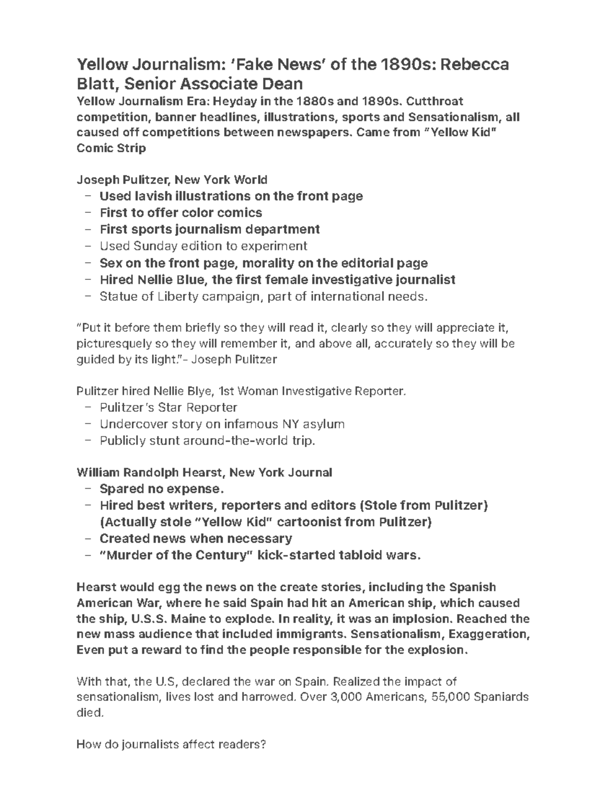 Yellow Journalism: ‘Fake News’ of the 1890s: Rebecca Blatt, Senior ...