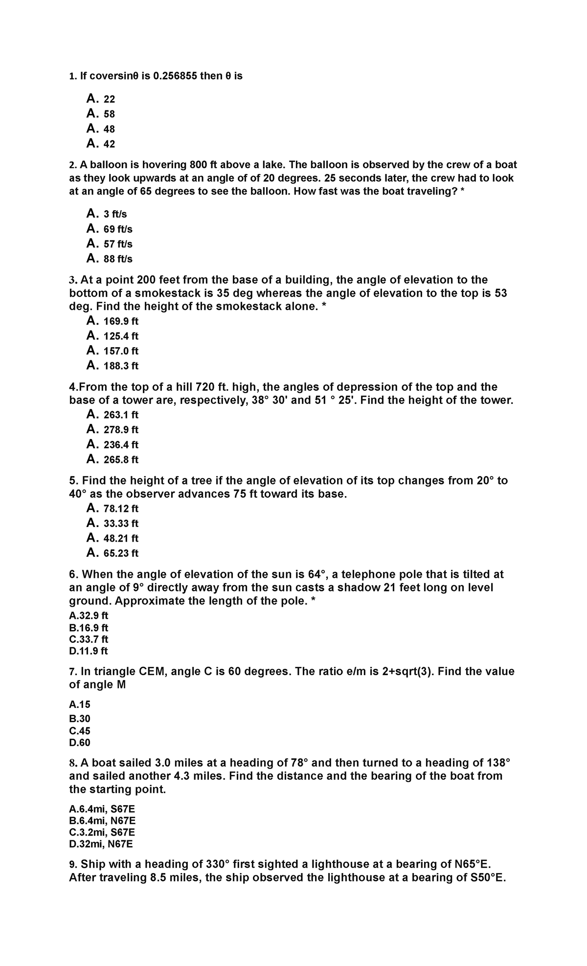 Sample-PROB- Trigo - bfhrh - If coversinθ is 0 then θ is A. 22 A. 58 A ...