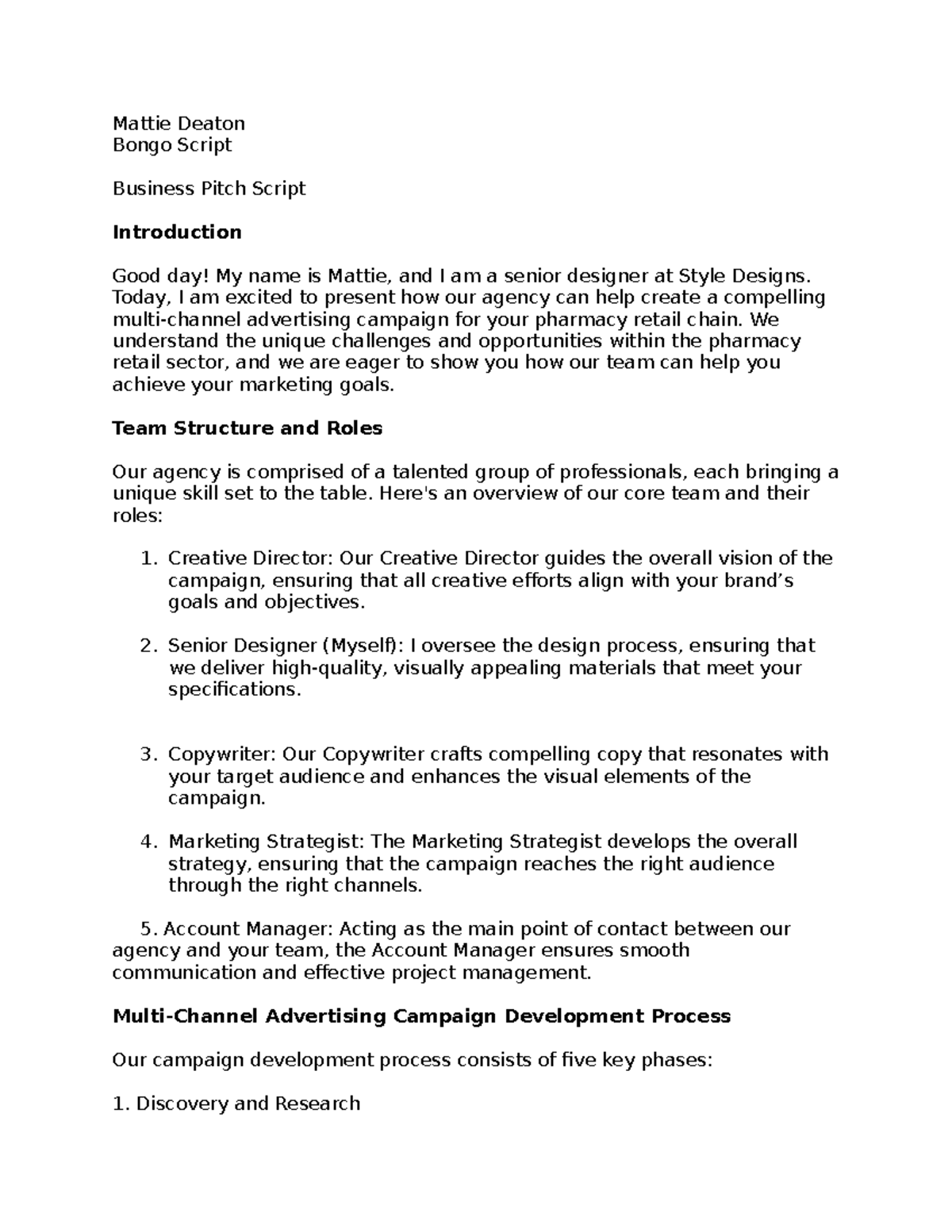 Bongo Script - Hi thanks - Mattie Deaton Bongo Script Business Pitch ...