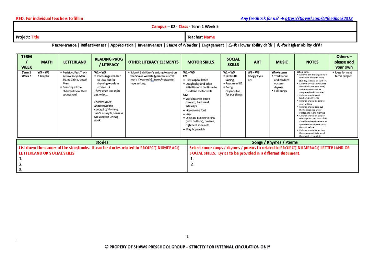 LP(K2) T1W5 TR Weekly PLAN - Campus – K2 - Class - Term 1 Week 5 ...