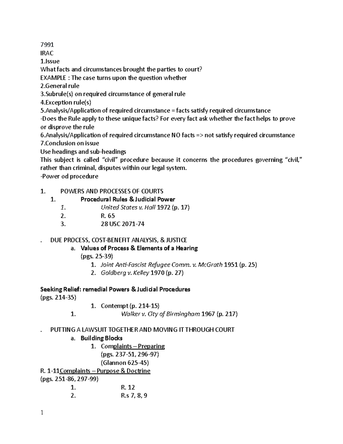 Civil Procedure outline - 7991 IRAC 1 What facts and circumstances ...