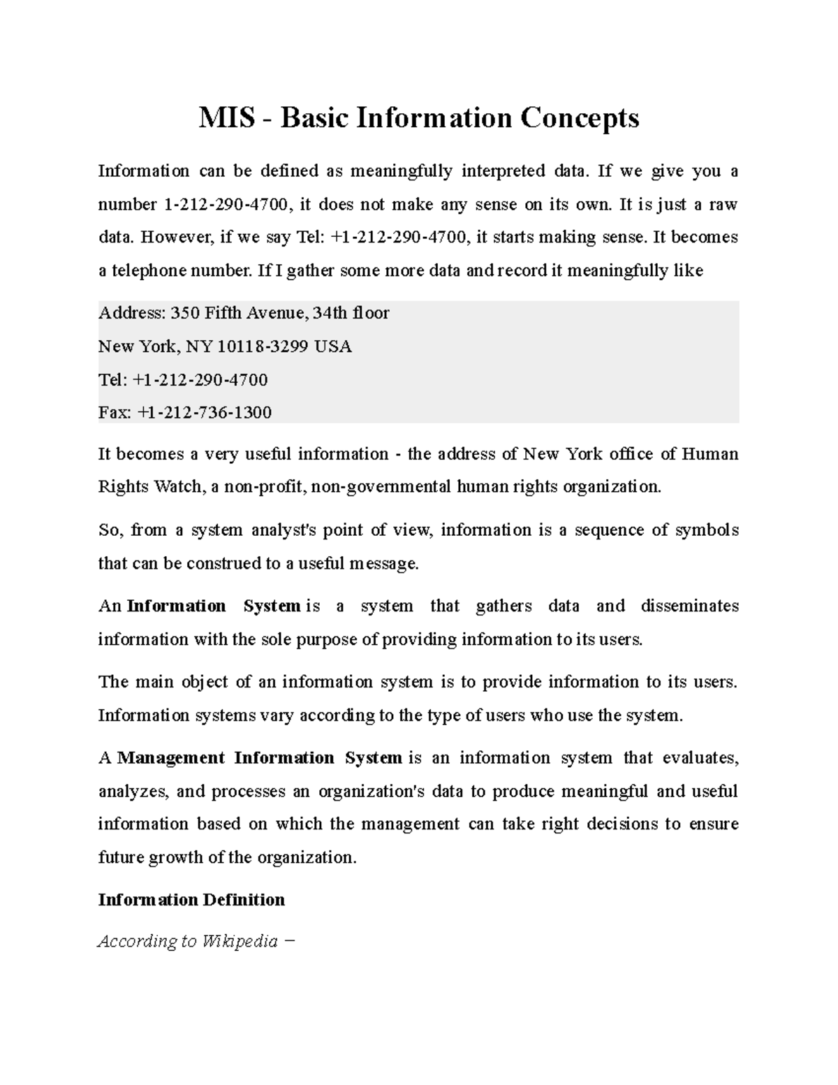 MIS - mis for larninng - MIS - Basic Information Concepts Information ...