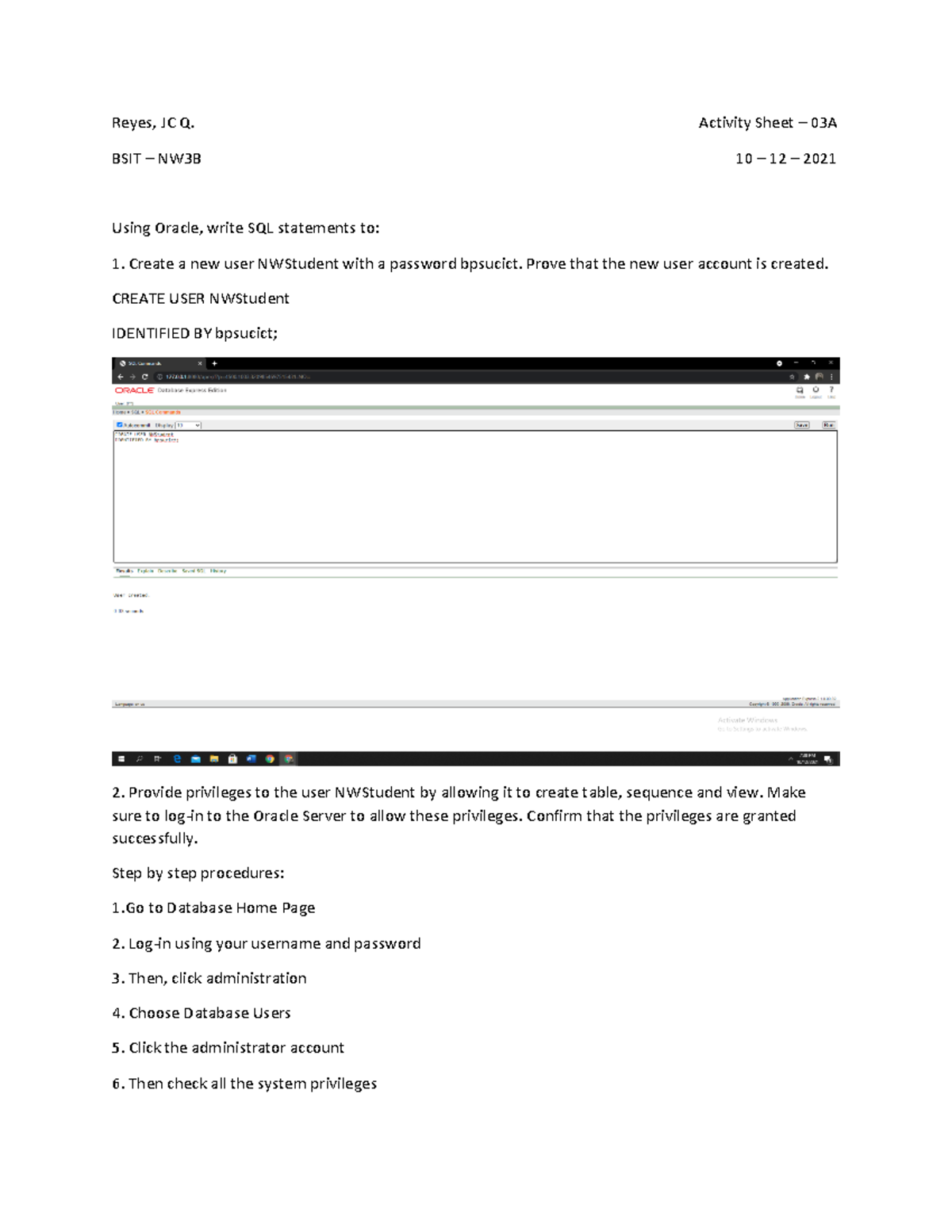 Database Management Activity Sheet 03A - Reyes, JC Q. Activity Sheet ...