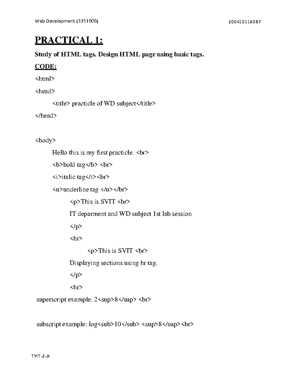 87 WD - dmsnckjnkd - TYIT- 2 - A PRACTICAL 1: Study of HTML tags ...