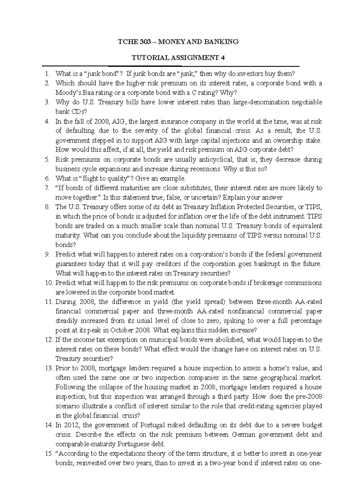 Money and banking exercises - TCHE 303 – MONEY AND BANKING TUTORIAL ...