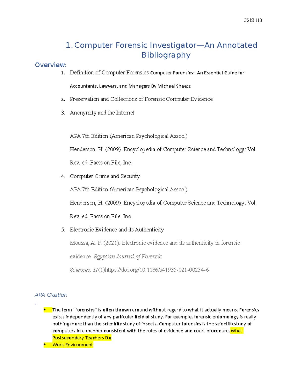 Research Paper Annotated Biblography Template - CSIS 110 1. Computer ...