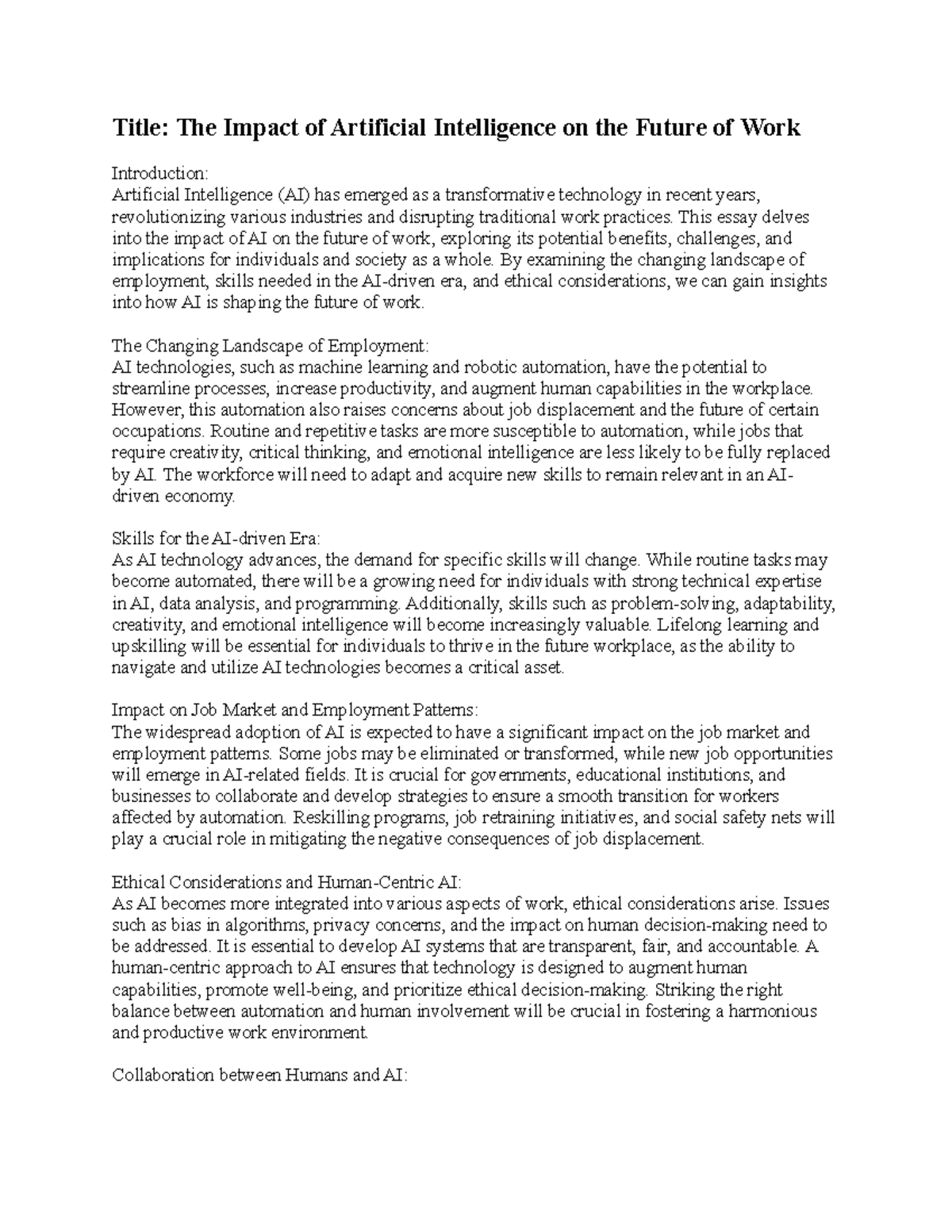 Impact of Artificial Intelligence on the Future of Work - This essay delves into the impact of ...