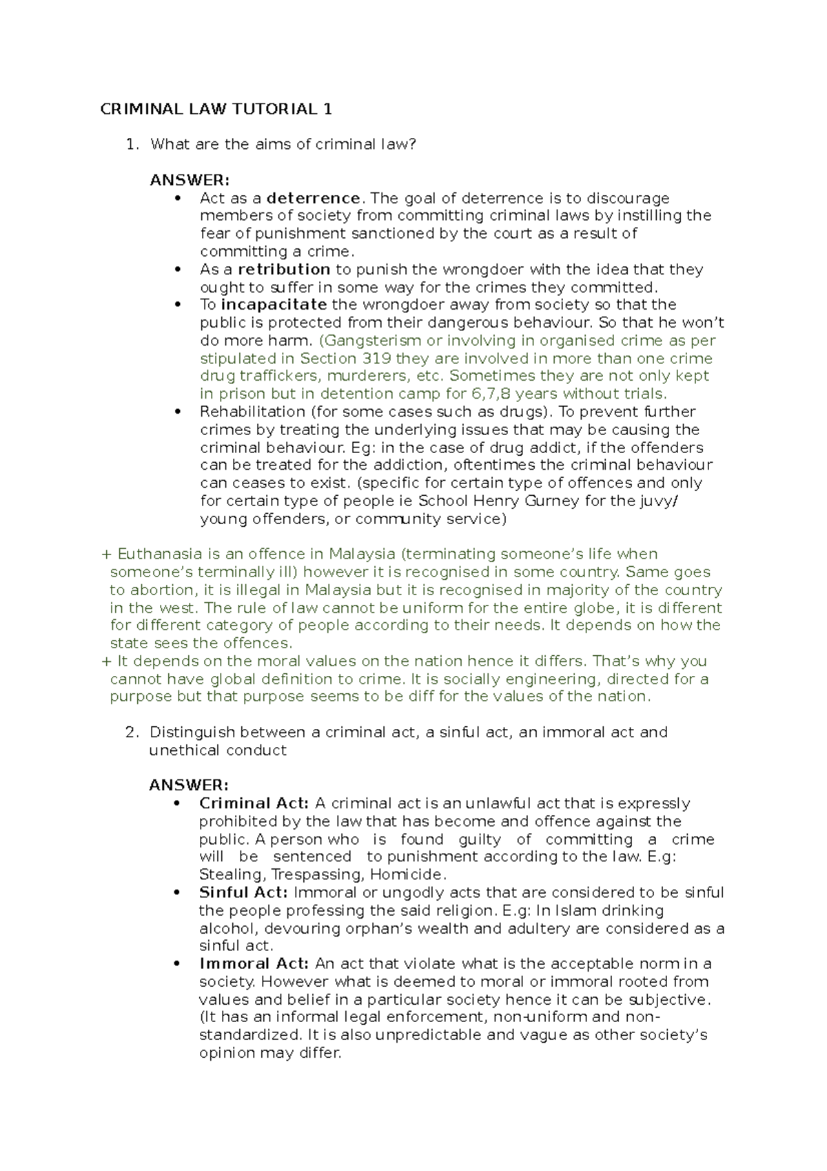 LIA2003 Tutorial WEEK 6 ( Elements OF Crime) - CRIMINAL LAW TUTORIAL 1 What are the aims of ...