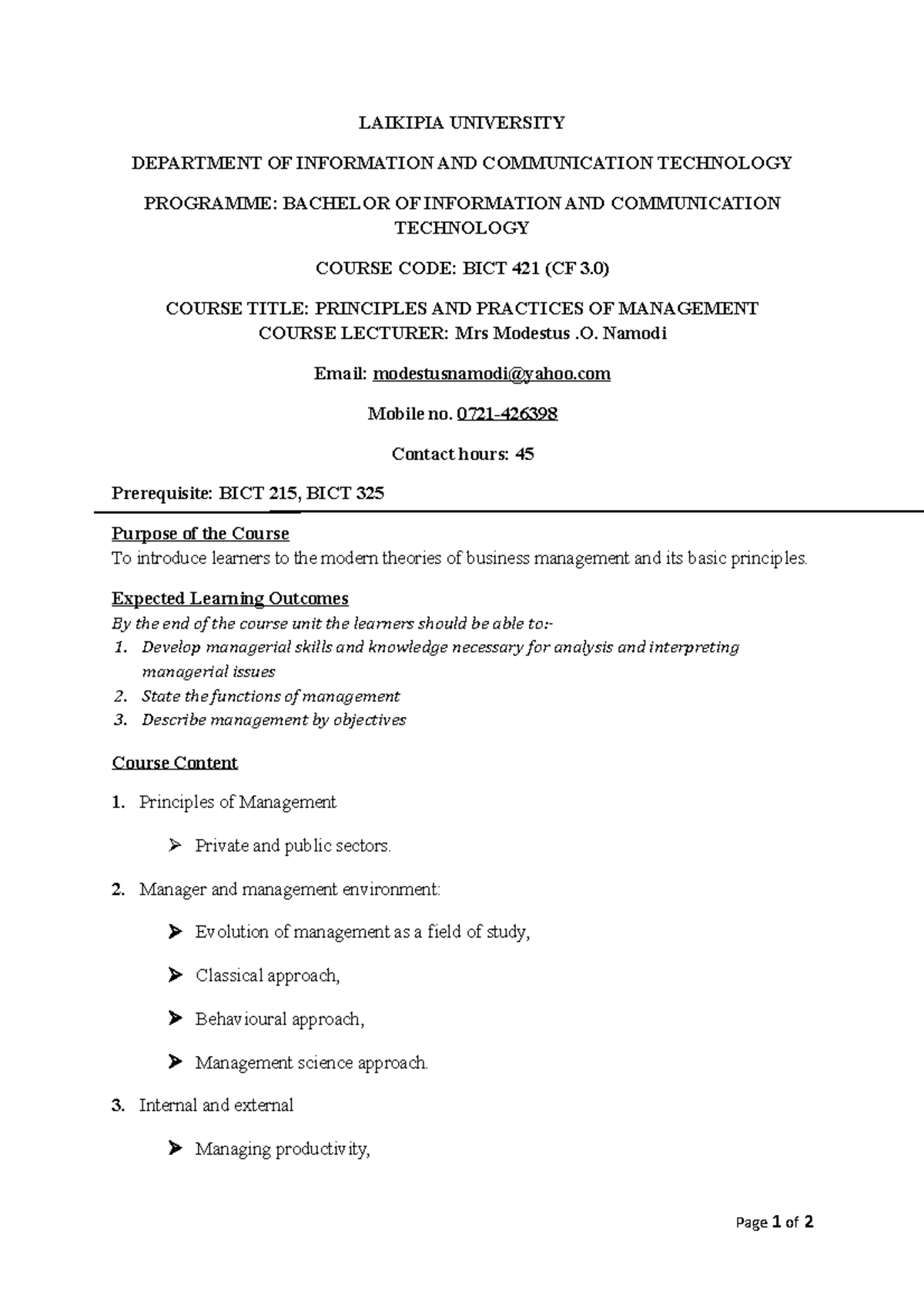 Bict 421 Principles And Practices Of Management Course Outline Sep