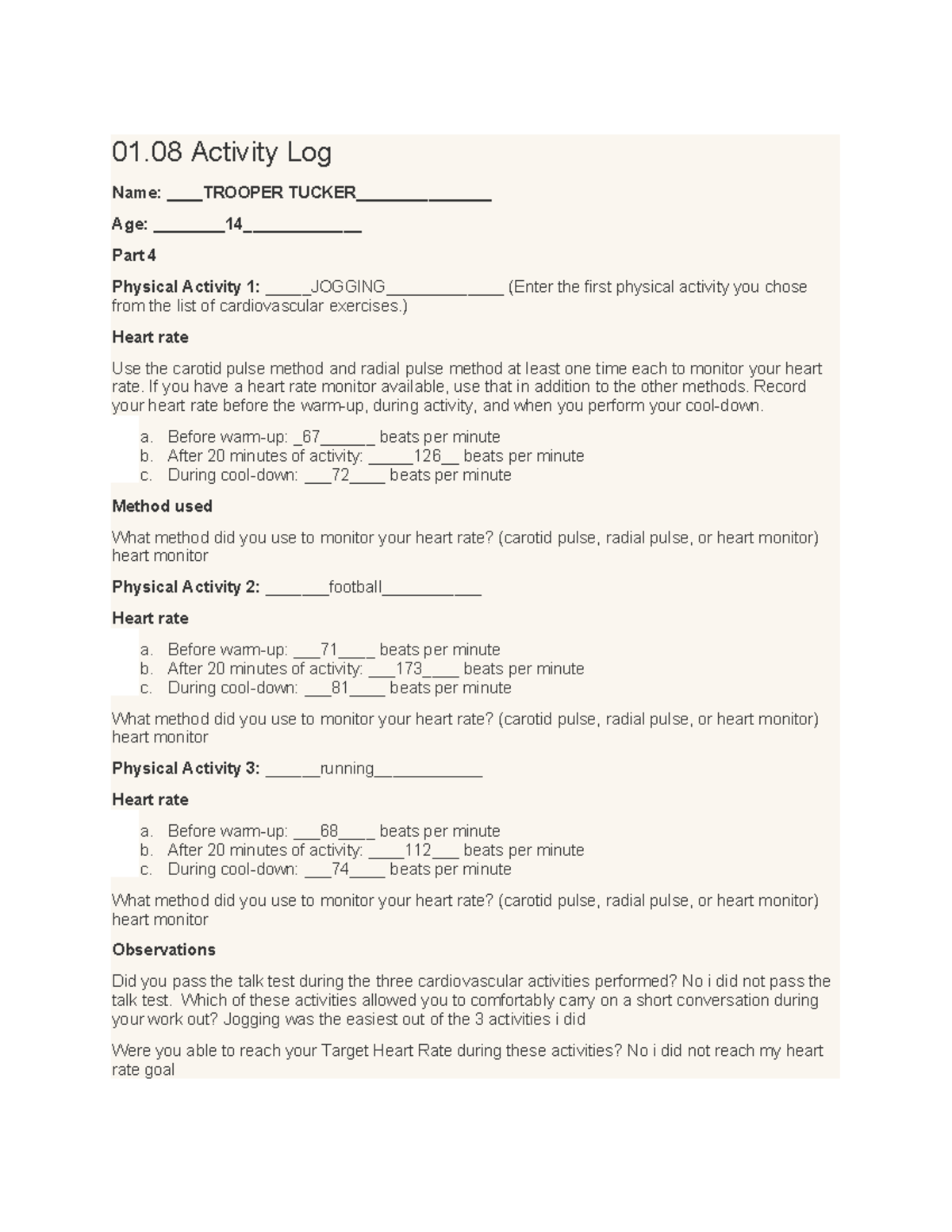 Cardio - complete work sheet - 01 Activity Log Name: TROOPER TUCKER ...