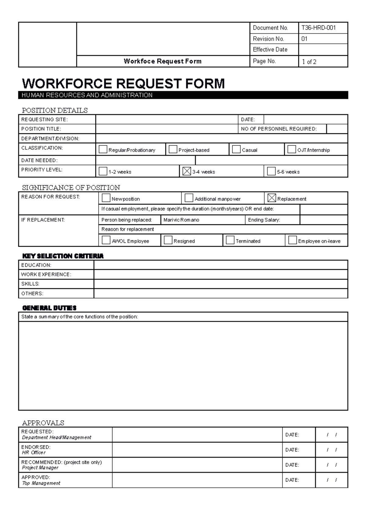 Manpower Request Form - MRF - Document No. T36-HRD- Revision No. 01 ...