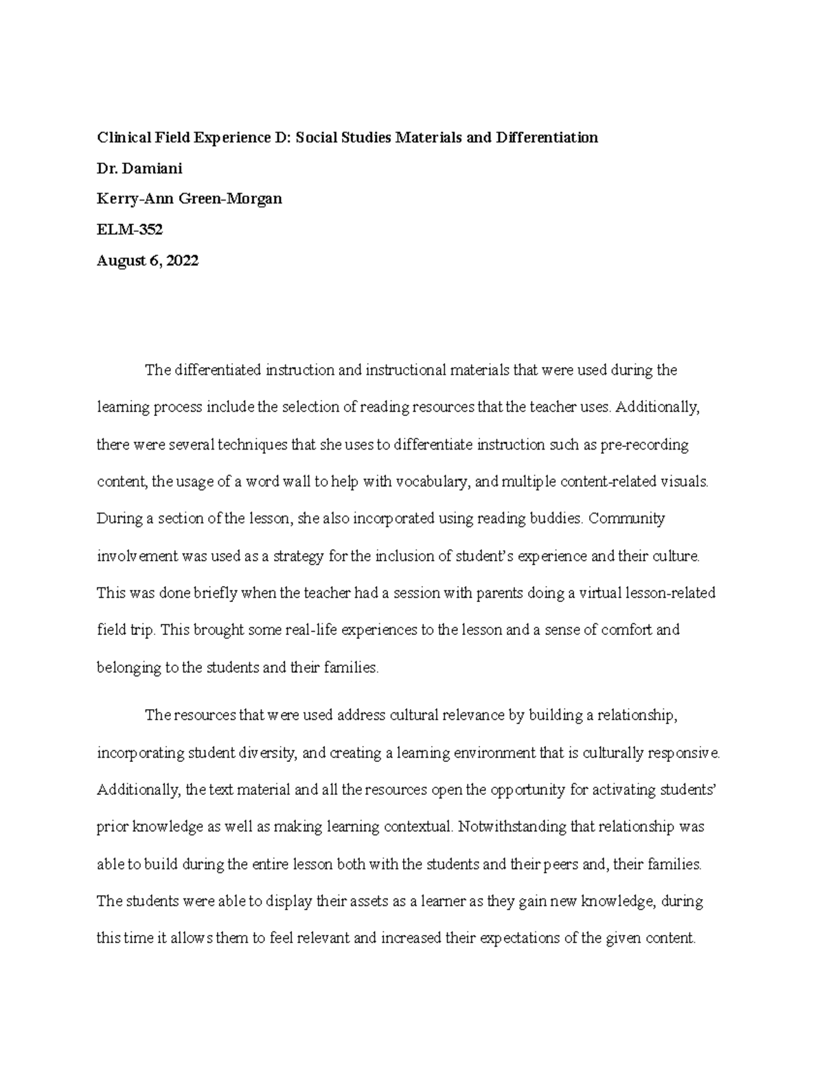 Clinical Field Experience D Social Studies Materials and ...