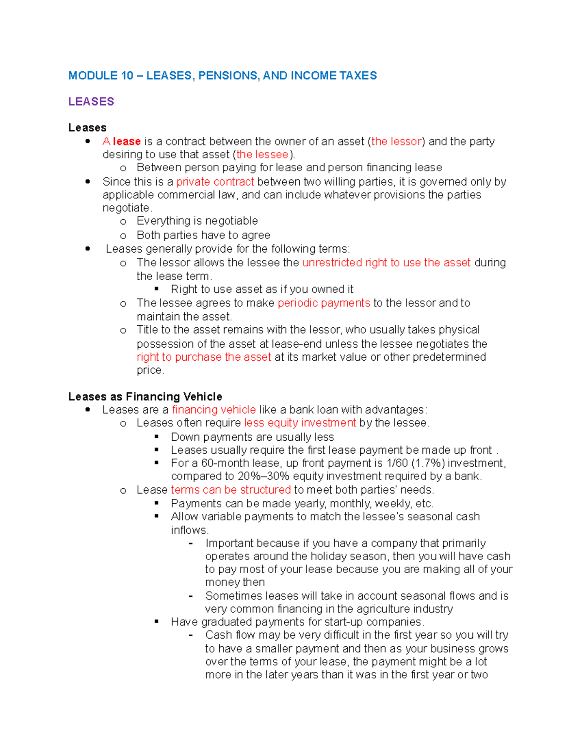 Module 10 - Prof Jennifer Riley - MODULE 10 – LEASES, PENSIONS, AND ...
