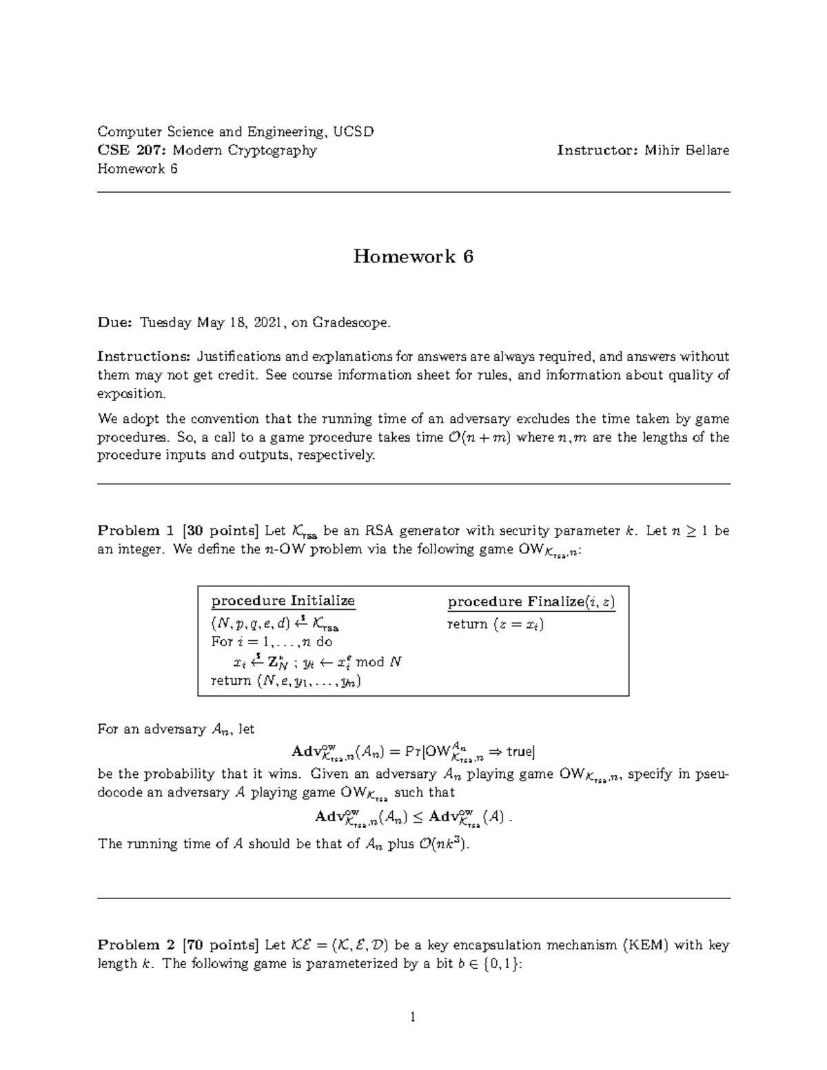 CSE207 Homework 6 - Computer Science and Engineering, UCSD Sp CSE 207: Modern Cryptography - Studocu