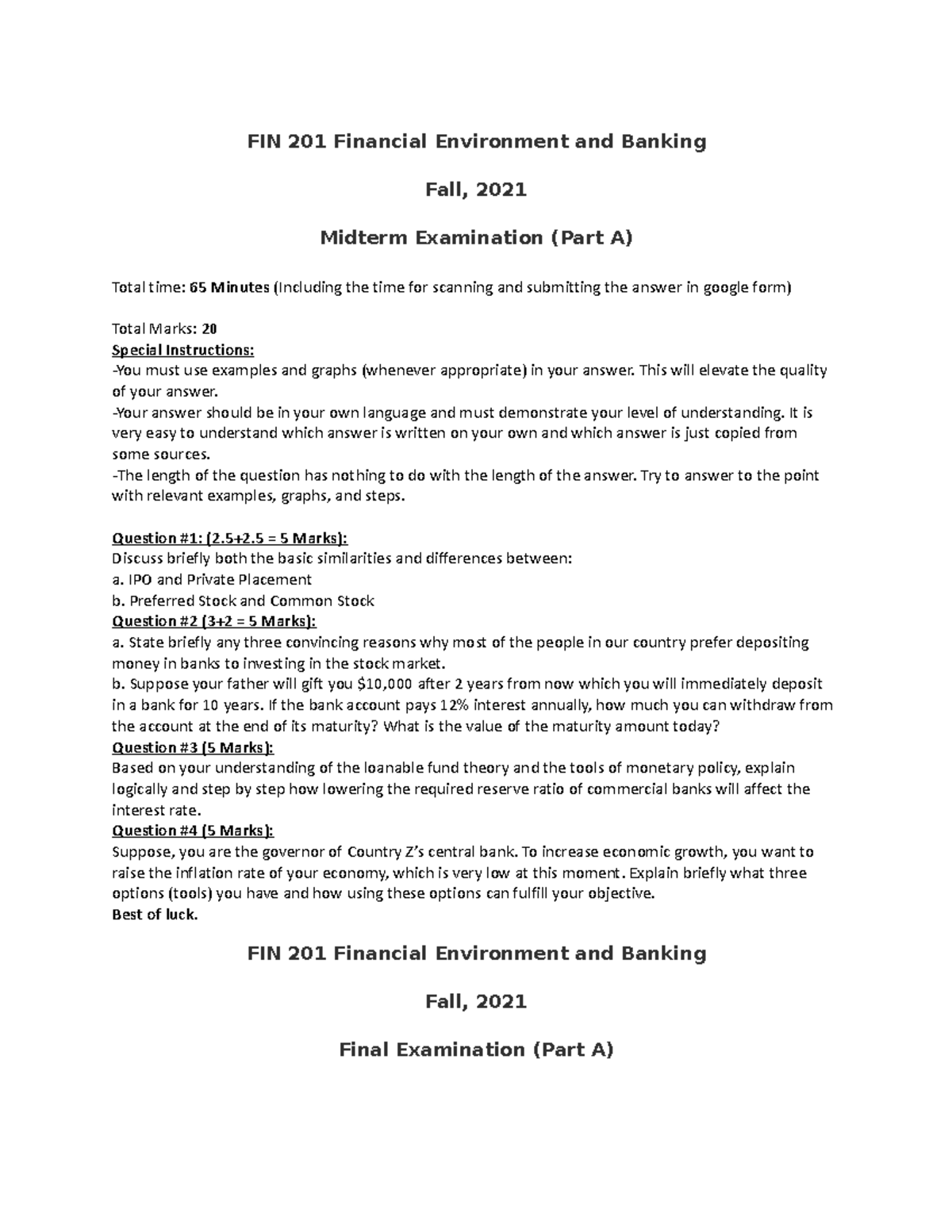 FIN2O1 mid and final question - FIN 201 Financial Environment and ...