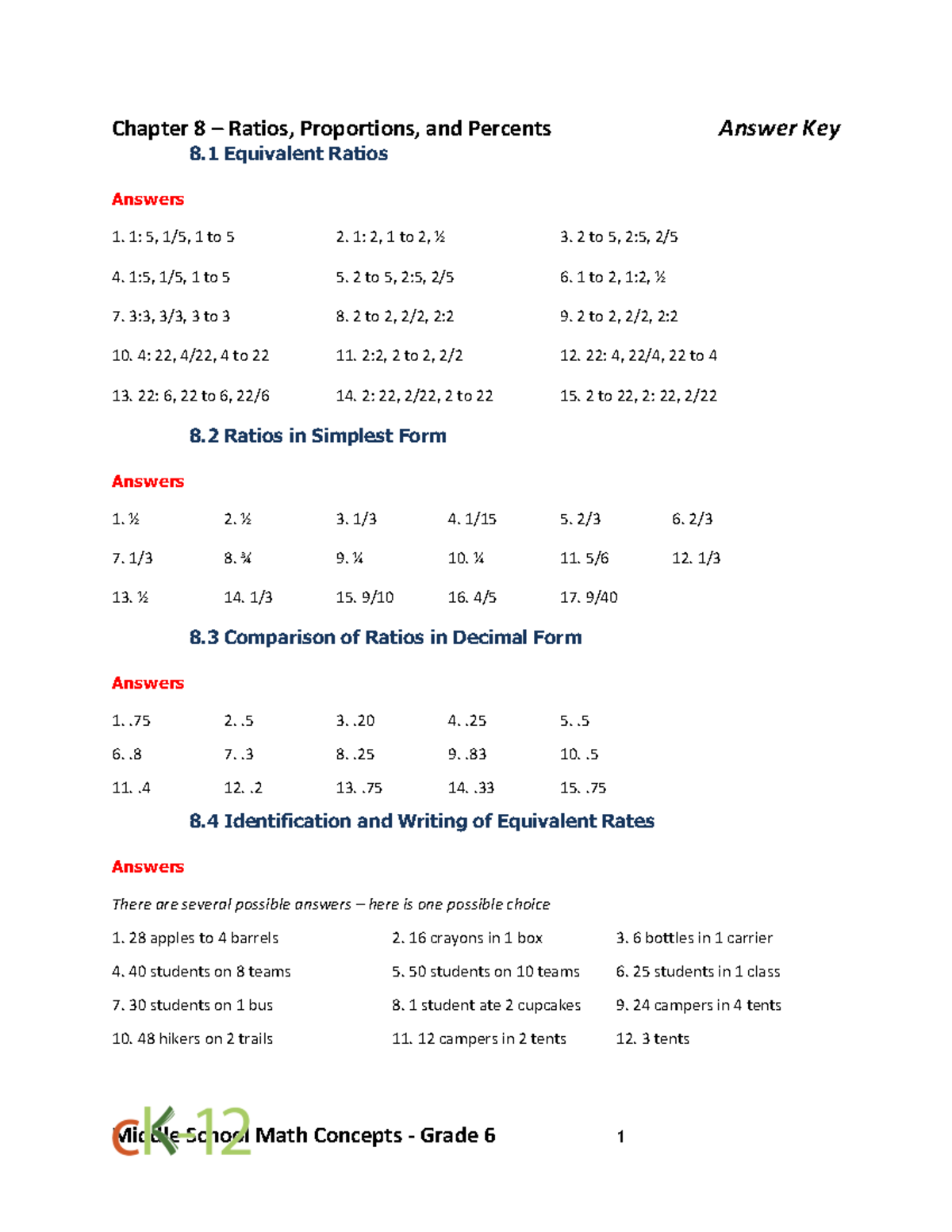 Ch 8 Answer Key CK-12 MSM Concepts - Grade 6 (PDF) - 8 Equivalent Ratios Answers 1: 5, 1/5, 1 to ...