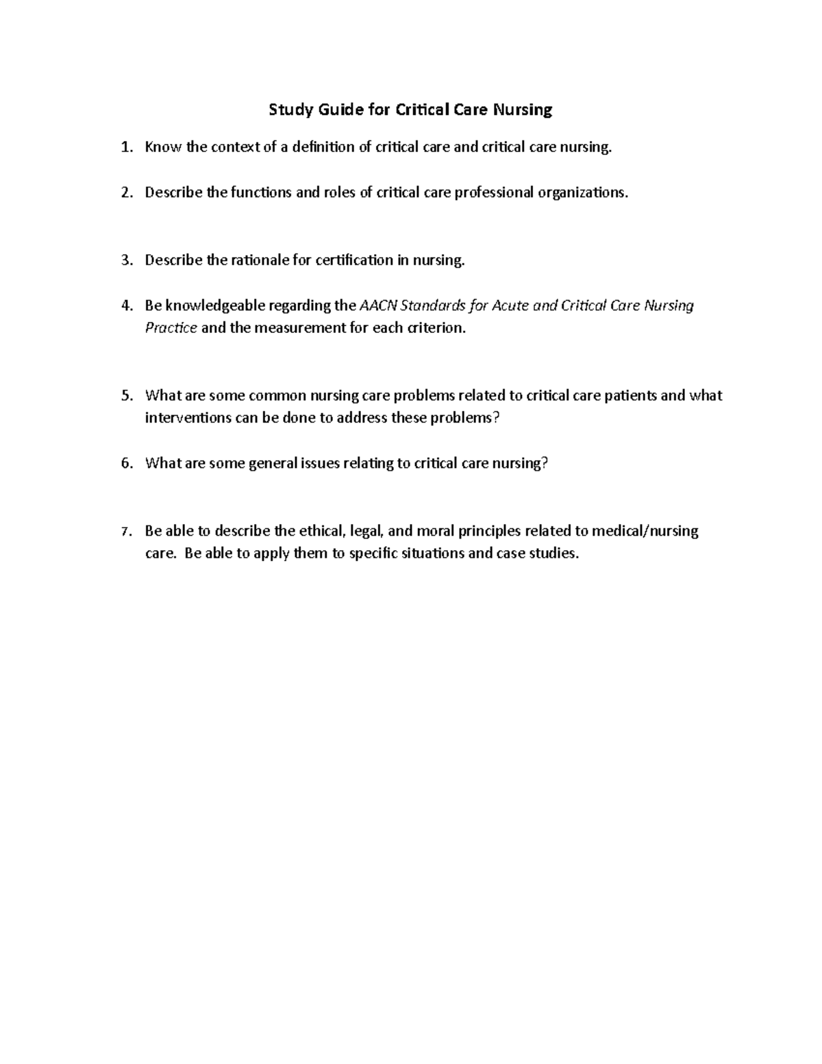 NURS A419 Study Guide for Critical Care Nursing - Study Guide for ...