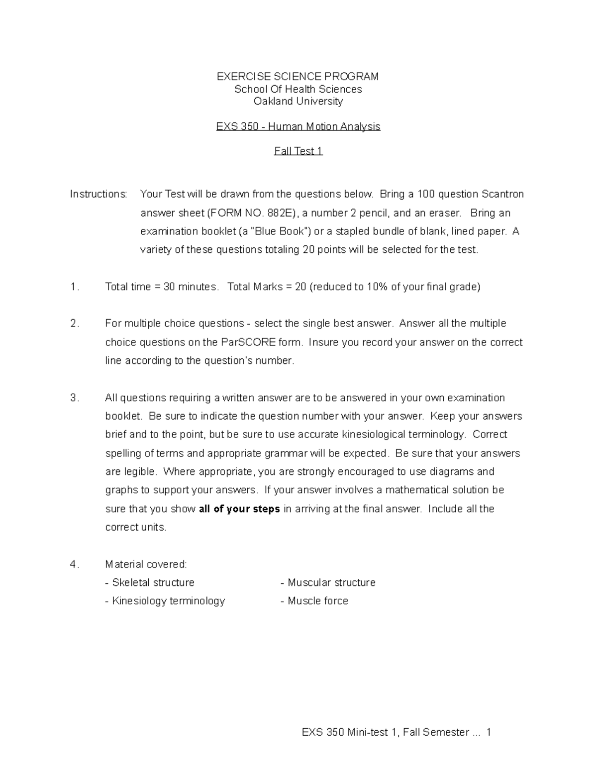 EXS 3020 Mini test 1 Review EXERCISE SCIENCE PROGRAM School Of Health