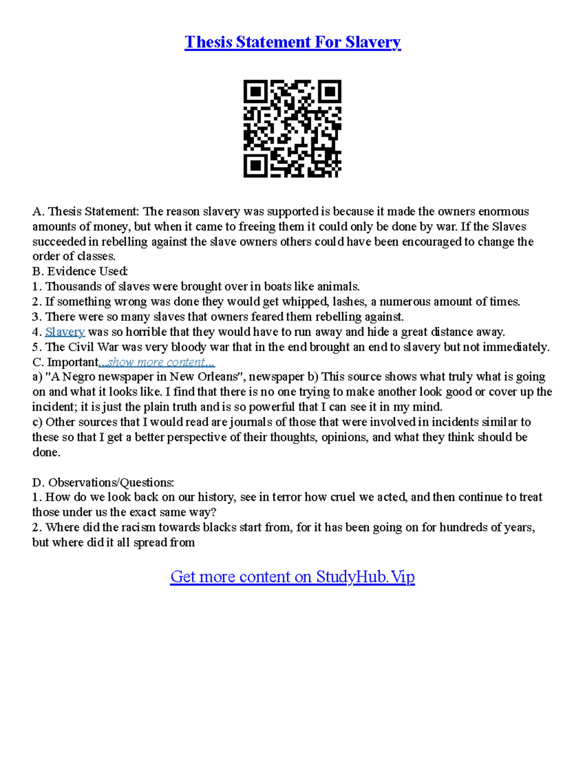 Thesis Examples For Essays - Thesis Statement For Slavery A. Thesis ...