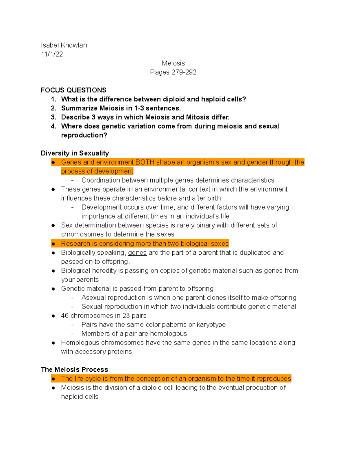 General Biology 1 Notes - Isabel Knowlan 11/1/ Meiosis Pages 279- FOCUS ...