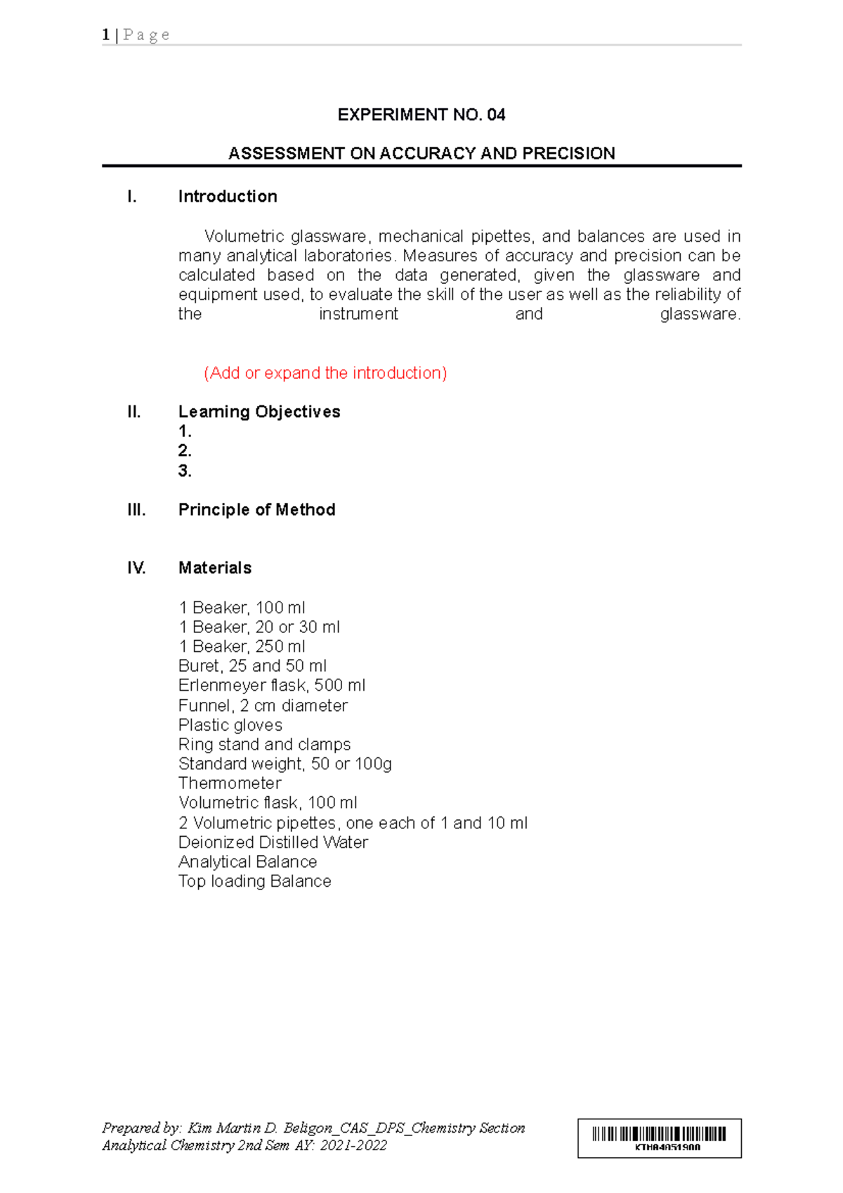 EXP. 04 Accuracy AND Precision in Analytical Chemistry - EXPERIMENT NO ...