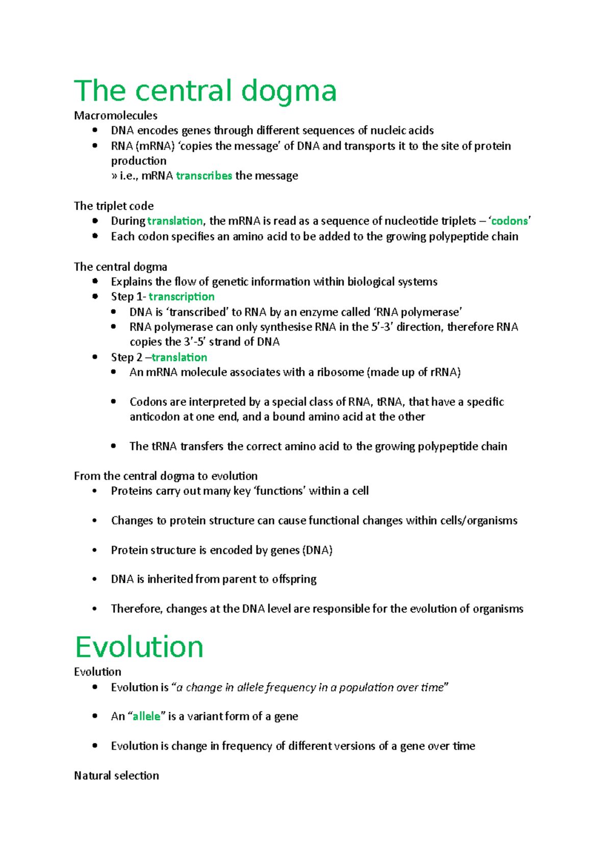 Week 2 -The central dogma and evolution - The central dogma ...